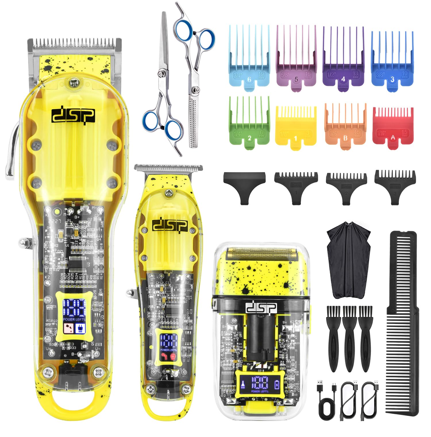 DSP Hair Clipper, Trimmer, Beard Shaver Kit for Men Professional Barber Set for Hair and Beard Cutting Zero Gap T-Blade Beard Trimmer, Rechargeable Bald Fade Clippers with LED Display (Yellow)