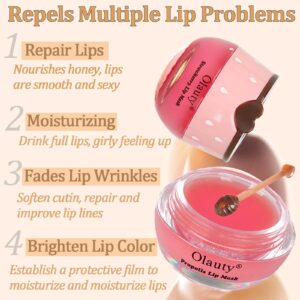 2 PCS Strawberry Sleeping Lip Mask, Bee Lip Balm Lip Mask Honey Pot Propolis Moisturizing Lip Balm with Stick,Plumping Lip Hydrating Prevention Dry & Cracked Lip Scrubs Exfoliato Lip Wrinkle Skin Care