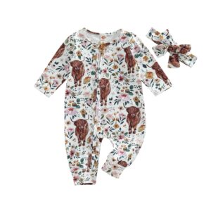 karuedoo western baby girl clothes cow print long sleeve romper jumpsuit zip up onesie bodysuit headband cute cow outfit (a beige, 0-3 months)