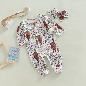 Karuedoo Western Baby Girl Clothes Cow Print Long Sleeve Romper Jumpsuit Zip Up Onesie Bodysuit Headband Cute Cow Outfit (A Beige, 0-3 Months)