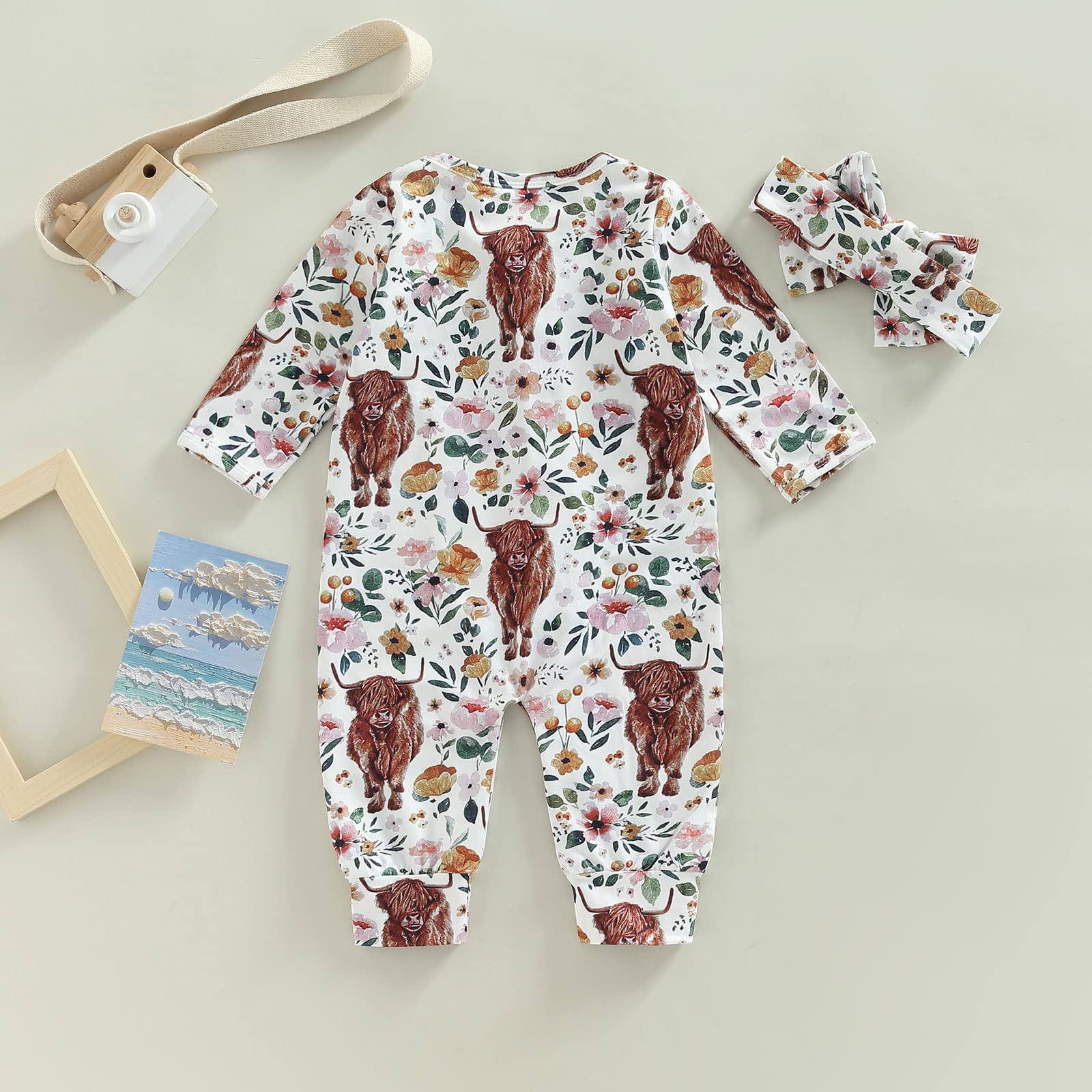 Karuedoo Western Baby Girl Clothes Cow Print Long Sleeve Romper Jumpsuit Zip Up Onesie Bodysuit Headband Cute Cow Outfit (A Beige, 0-3 Months)