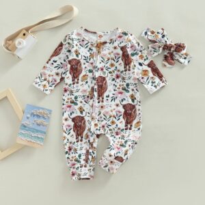 Karuedoo Western Baby Girl Clothes Cow Print Long Sleeve Romper Jumpsuit Zip Up Onesie Bodysuit Headband Cute Cow Outfit (A Beige, 0-3 Months)