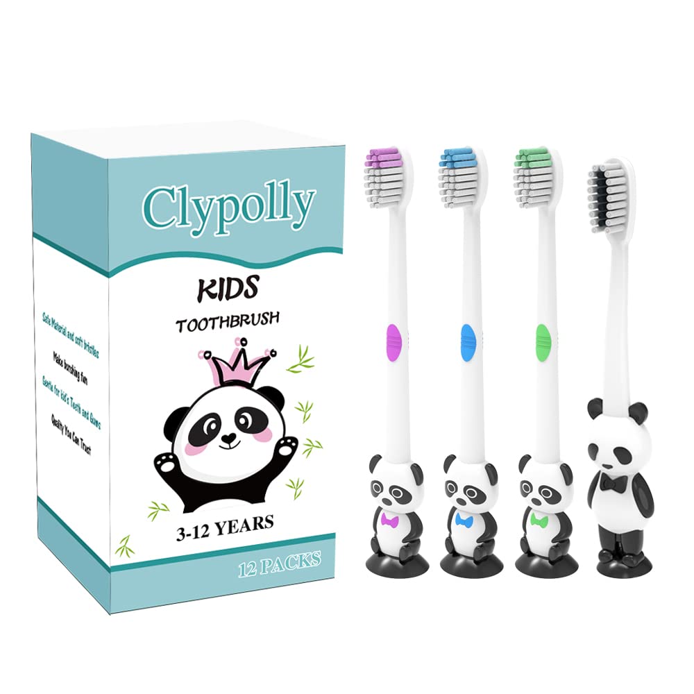 Clypolly Kids Panda Toothbrush,Child Sized Brush Heads, Soft Bristle with Animal Suction Cup Fun & Easy Storage for Toddlers Girls and Boys 3-12 Years Pack of 12