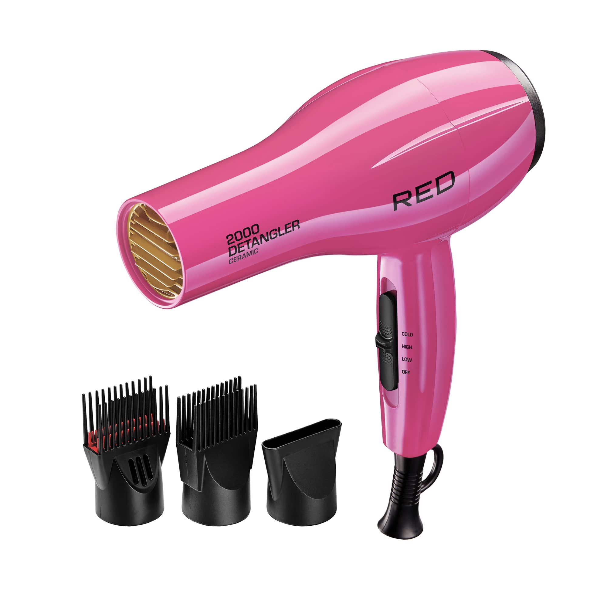 RED by KISS 2000 Ceramic Hair Dryer, Professional Salon Blow Dryer, 2 Detangler Pik Attachments, Tourmaline Technology, 3 Heat Settings, Easy Storage Loop (Pink)