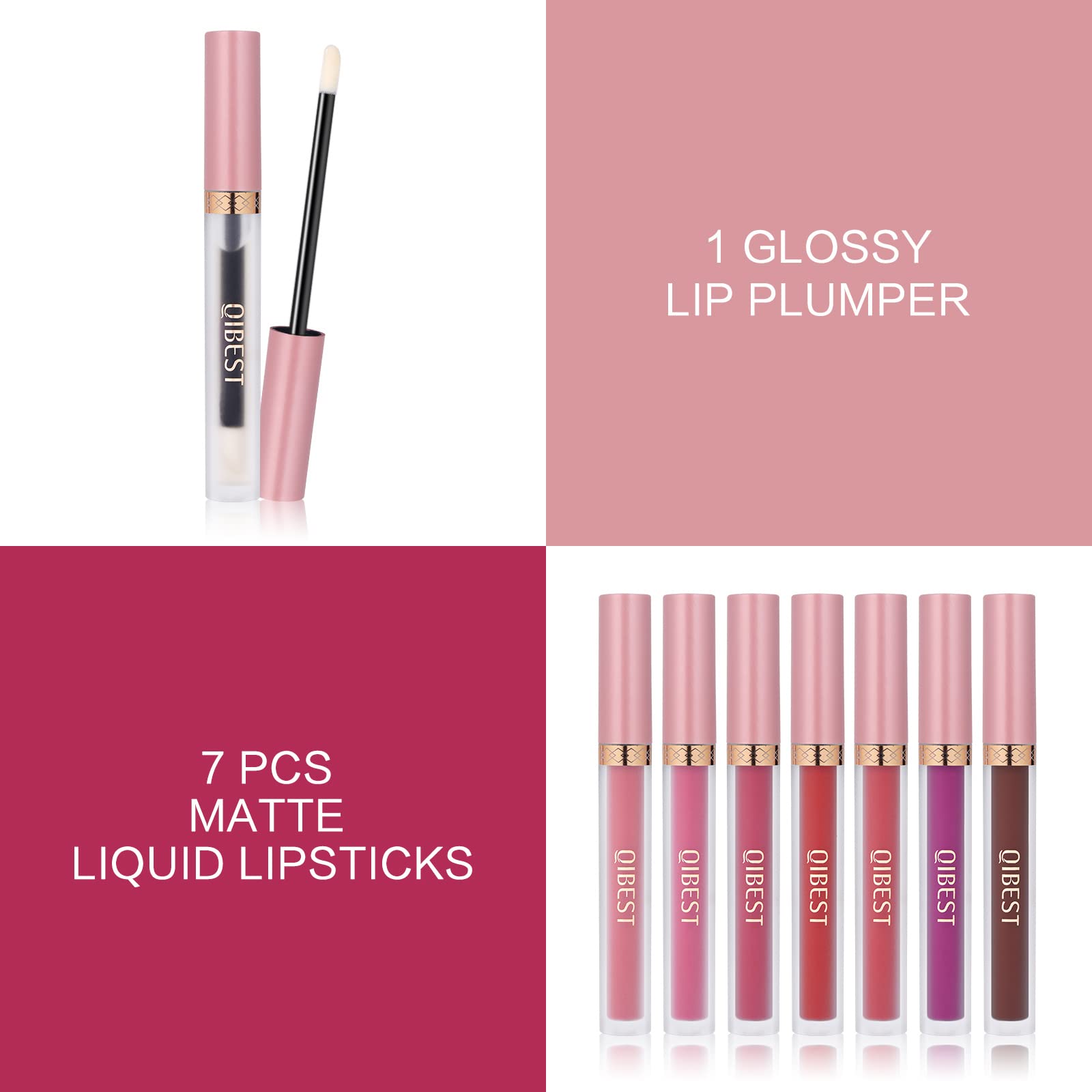 QiBest 7Pcs Matte Liquid Lipstick and 1Pcs Lip Plumper Makeup Set, Pigmented Waterproof Halloween Lip Make Up Valentine's Day Gift Lip Gloss Sets Long Wearing Velvet Lip Kit for Teens & Women