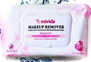 mivida hypoallergenic makeup remover wipes with vitamin e | 50 count fragrance-free, alcohol-free face wipes | convenient flip-top pack