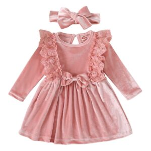 toddler baby girls velvet tutu dress ruffle long sleeve princess pageant christmas party dresses + headband fall winter clothes infant birthday playwear dresses outfits pink + headband 6-9 months