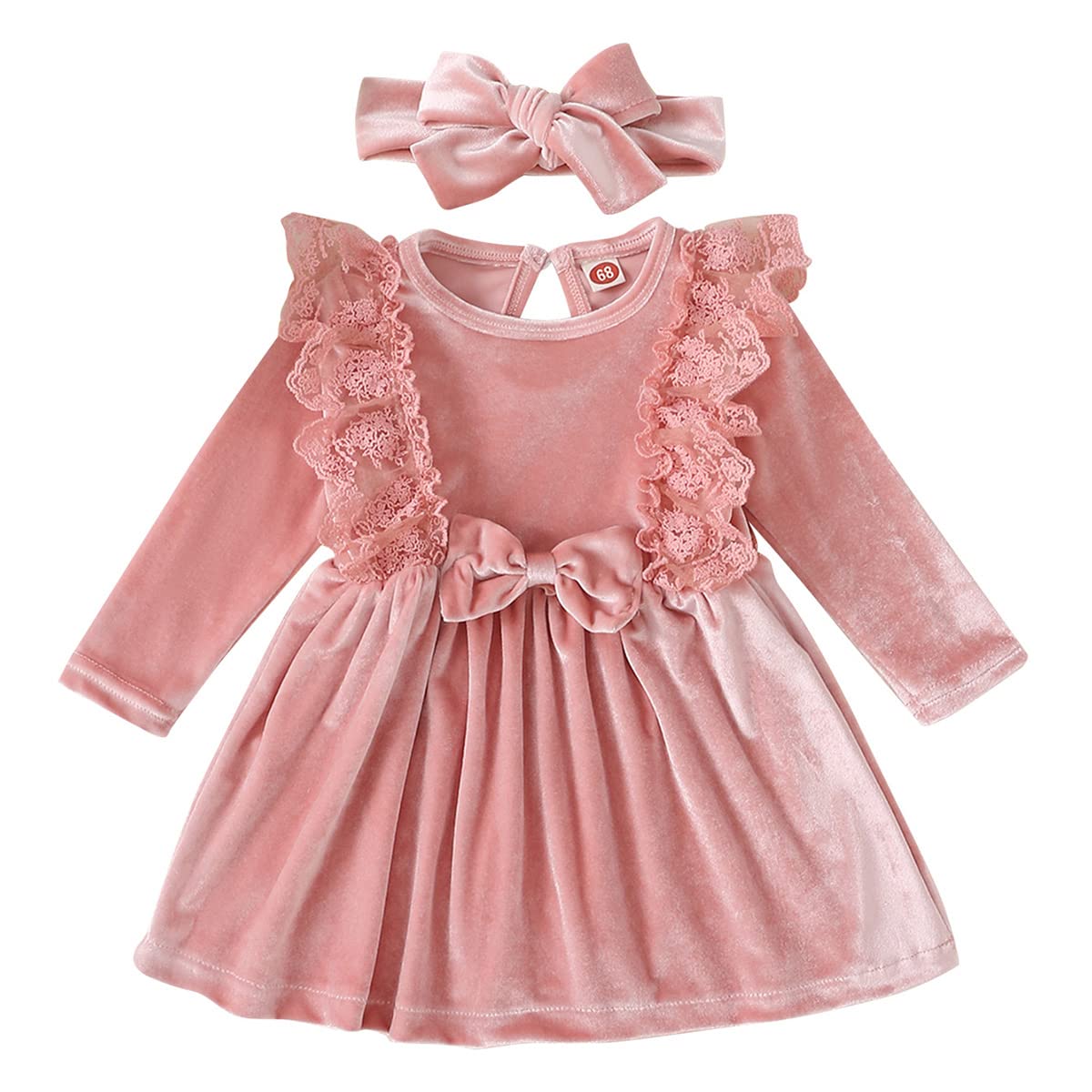 Toddler Velvet Dress Long Sleeve Velvet Tutu Dresses Baby Girls Velvet Ruffle A-Line Dress Infant Princess Christmas Birthday Wedding Velvet Party Fall Winter Outfit Light Pink 6-9 Months