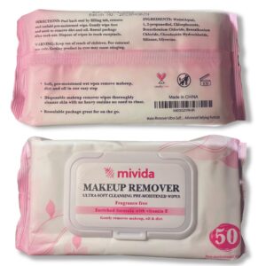 Mivida Hypoallergenic Makeup Remover Wipes with Vitamin E | 50 Count Fragrance-Free, Alcohol-Free Face Wipes | Convenient Flip-Top Pack