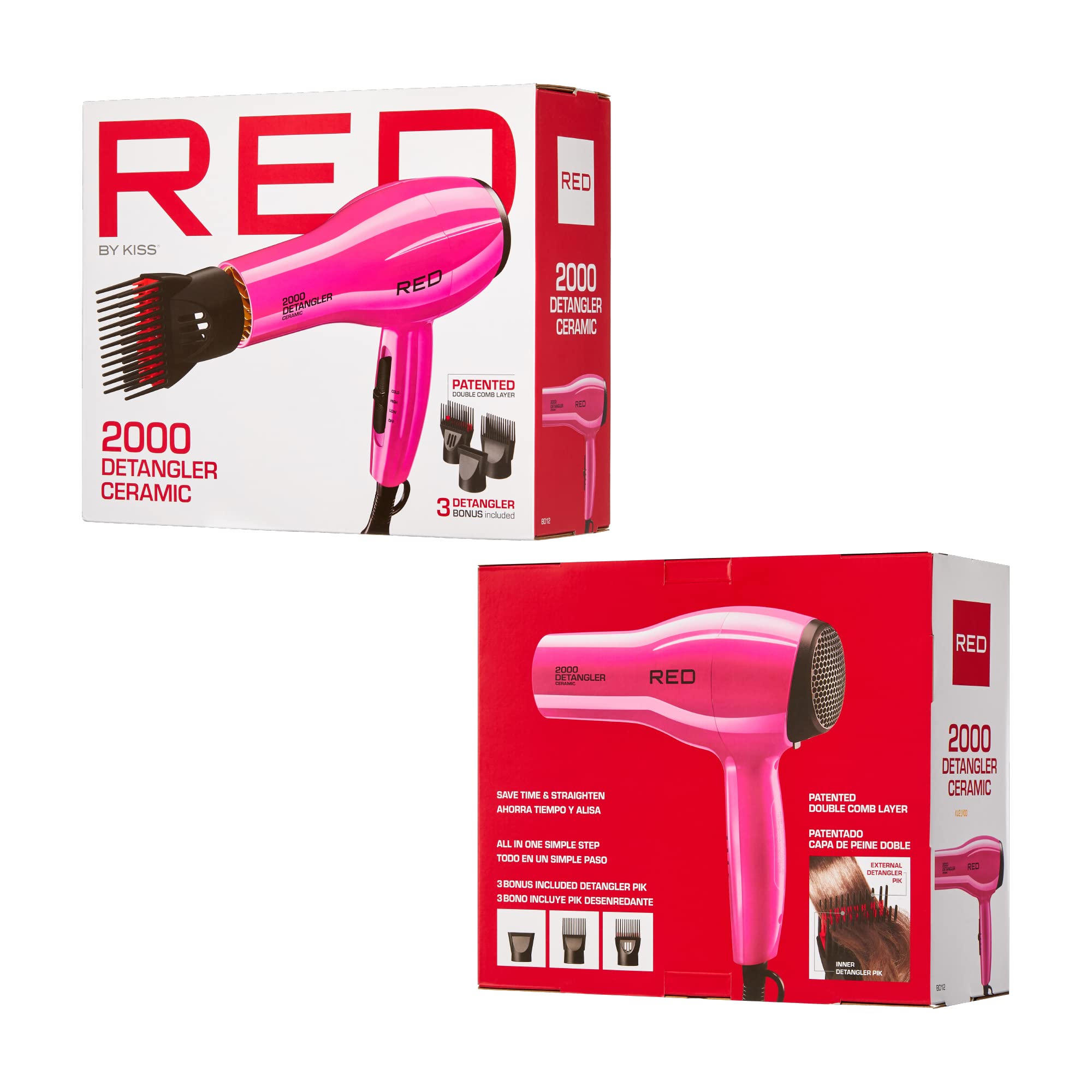 RED by KISS 2000 Ceramic Hair Dryer, Professional Salon Blow Dryer, 2 Detangler Pik Attachments, Tourmaline Technology, 3 Heat Settings, Easy Storage Loop (Pink)