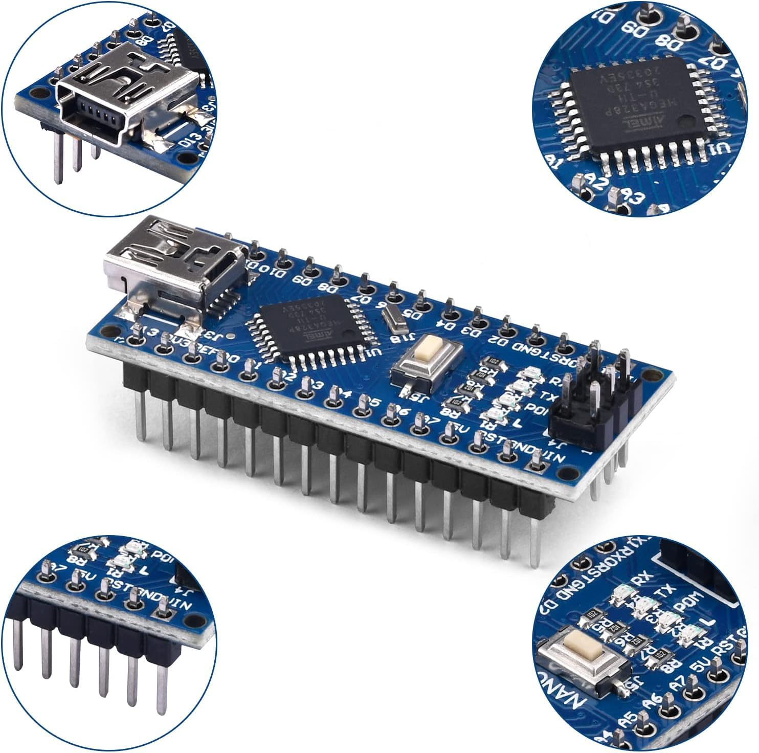 2-Pack Nano Board, Aideepen V3.0 Nano ATmega328P CH-340 Development Board Without Cable Mini USB Port with 30 PIN Headers Pin Unsoldered