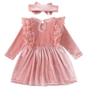 Toddler Velvet Dress Long Sleeve Velvet Tutu Dresses Baby Girls Velvet Ruffle A-Line Dress Infant Princess Christmas Birthday Wedding Velvet Party Fall Winter Outfit Light Pink 6-9 Months