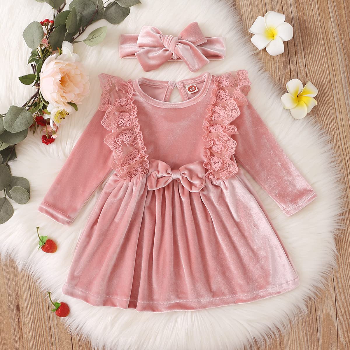 Toddler Velvet Dress Long Sleeve Velvet Tutu Dresses Baby Girls Velvet Ruffle A-Line Dress Infant Princess Christmas Birthday Wedding Velvet Party Fall Winter Outfit Light Pink 6-9 Months