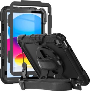 herize ipad 10th generation rugged protective case 10.9 inch with screen protector pen holder, handle shoulder strap | ipad 10 case a2757/a2777| heavy duty shockproof | black