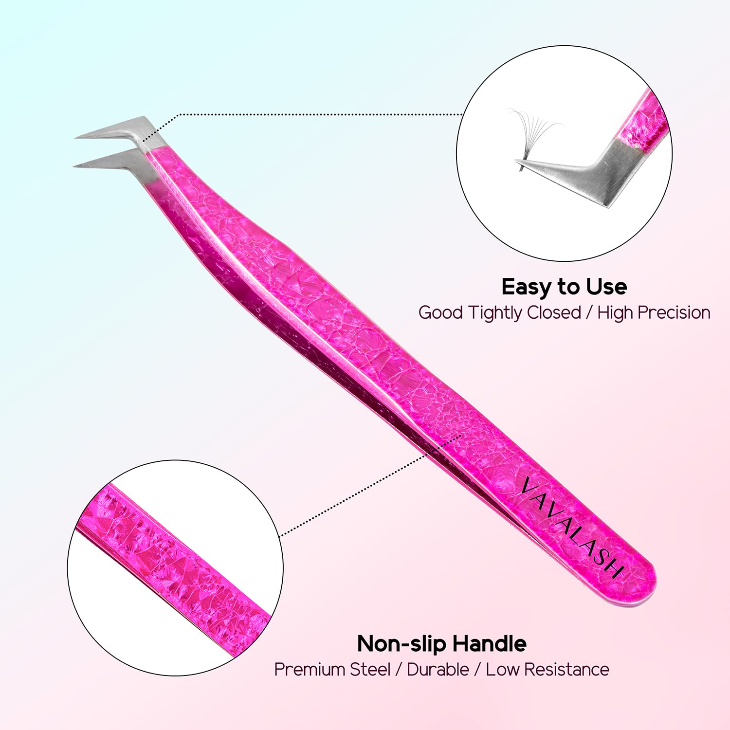 VAVALASH Lash Tweezers For Eyelash Extensions Pink Ice Crack Volume Boot Tweezers For Making Volume And Classic Fans 1 PCS Professional Individual Lashes Tweezer (Pink, V02）