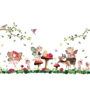 superdant forest fairy wall decals mushroom meadow wall sticker watercolor deer rabbit bird wall paper sticker 2 sheet/set vinyl wall art for girl's room nursery