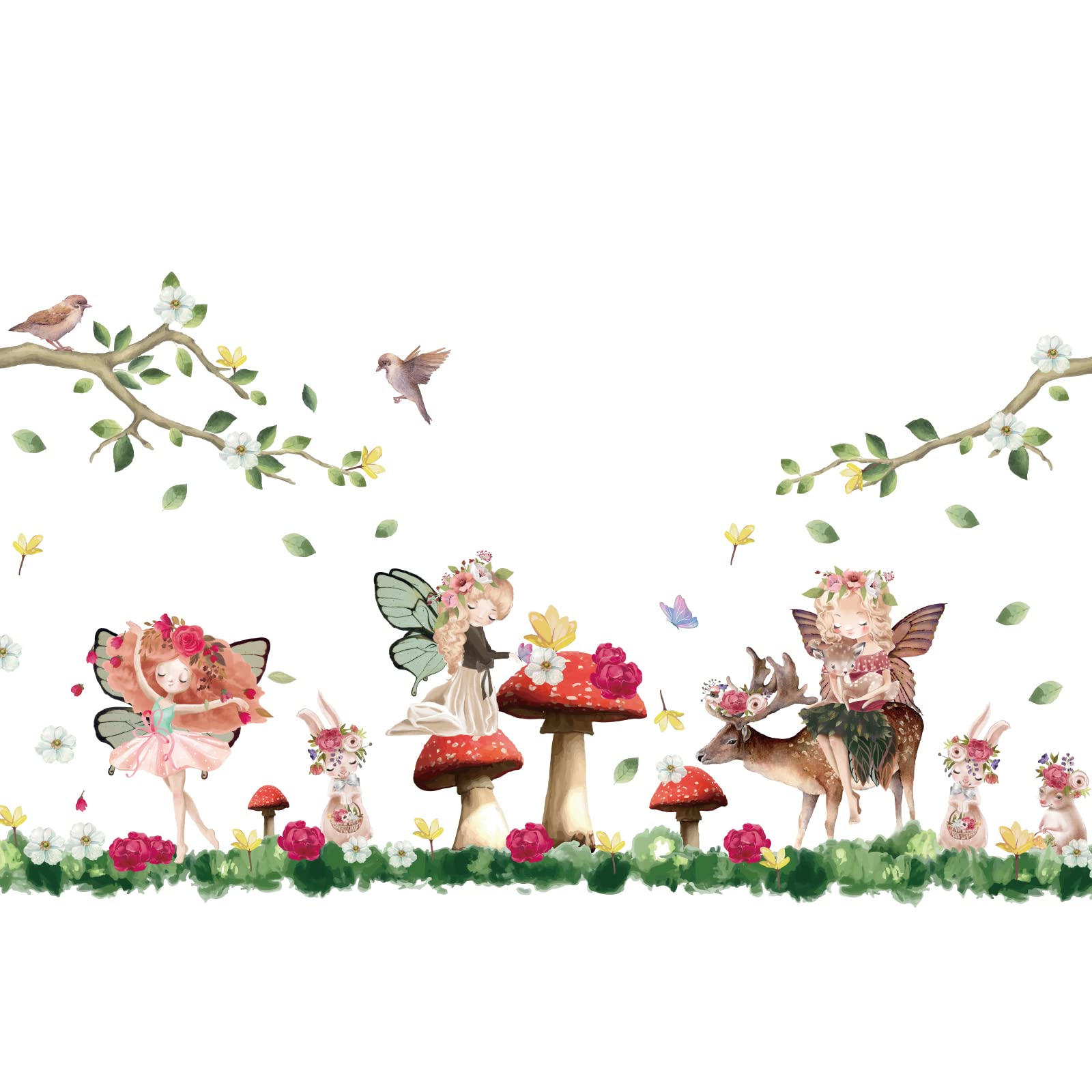 SUPERDANT Forest Fairy Wall Decals Mushroom Meadow Wall Sticker Watercolor Deer Rabbit Bird Wall Paper Sticker 2 Sheet/Set Vinyl Wall Art for Girl's Room Nursery