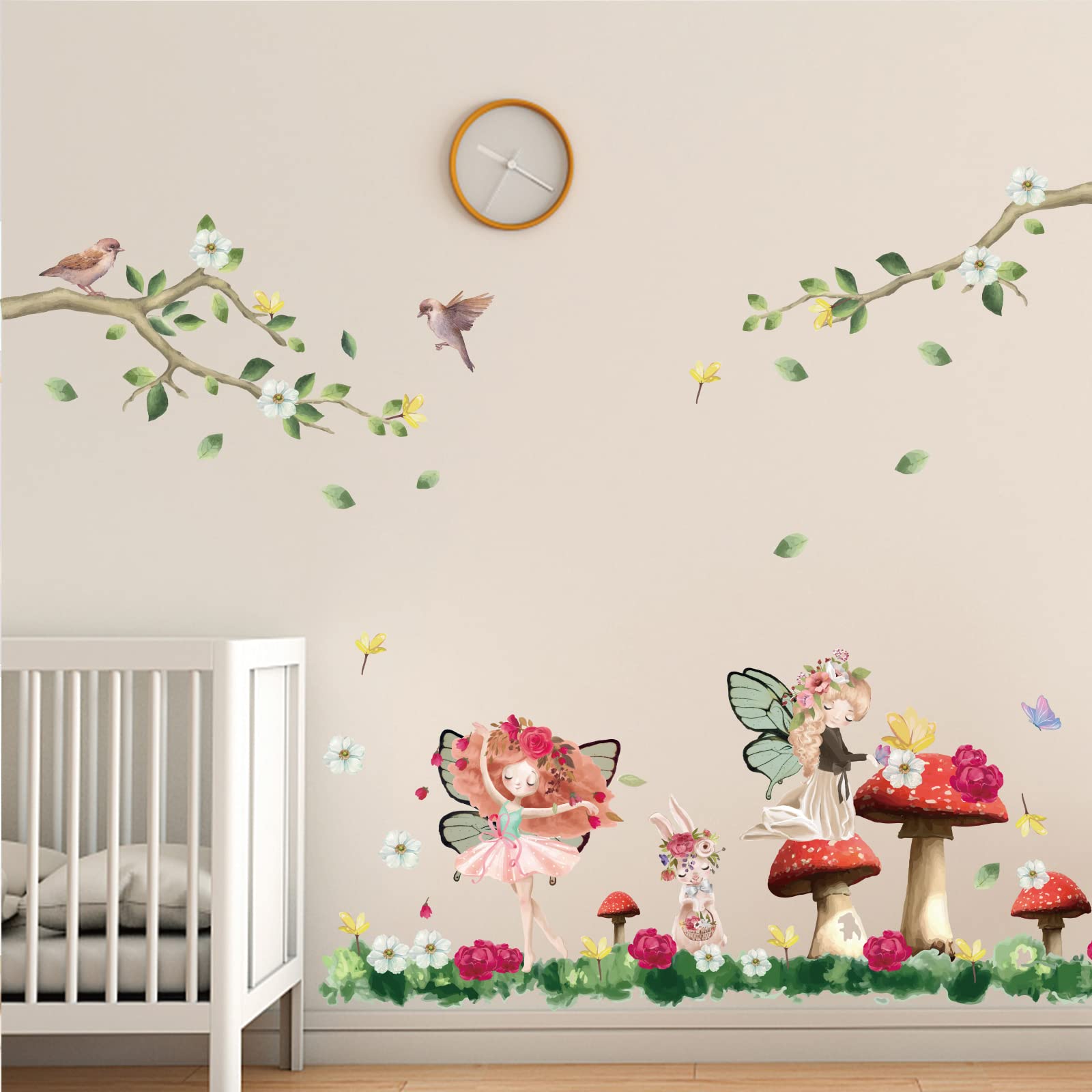 SUPERDANT Forest Fairy Wall Decals Mushroom Meadow Wall Sticker Watercolor Deer Rabbit Bird Wall Paper Sticker 2 Sheet/Set Vinyl Wall Art for Girl's Room Nursery