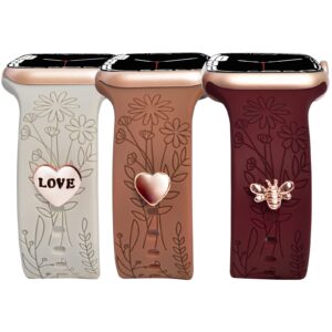 oratyfan floral engraved bands with charms compatible with apple watch bands 38mm 40mm 41mm, soft sport silicone wristbands women flower replacement strap for iwatch bands series se 8 7 6 5 4 3 2 1