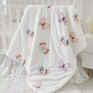 brandream 100% cotton crib bedding set for girls tufted chenille candlewick embroidery butterfly baby nursery comforter set, 3 pieces, white colorful