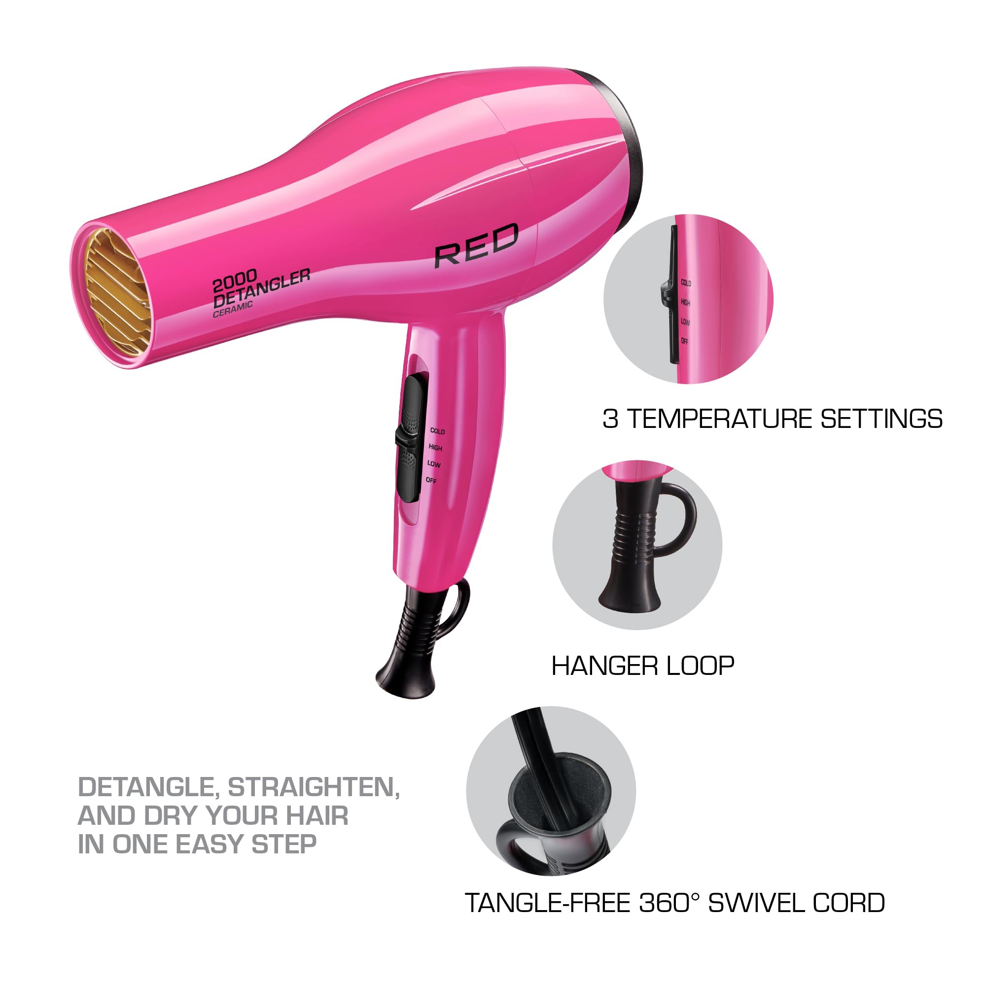 RED by KISS 2000 Ceramic Hair Dryer, Professional Salon Blow Dryer, 2 Detangler Pik Attachments, Tourmaline Technology, 3 Heat Settings, Easy Storage Loop (Pink)