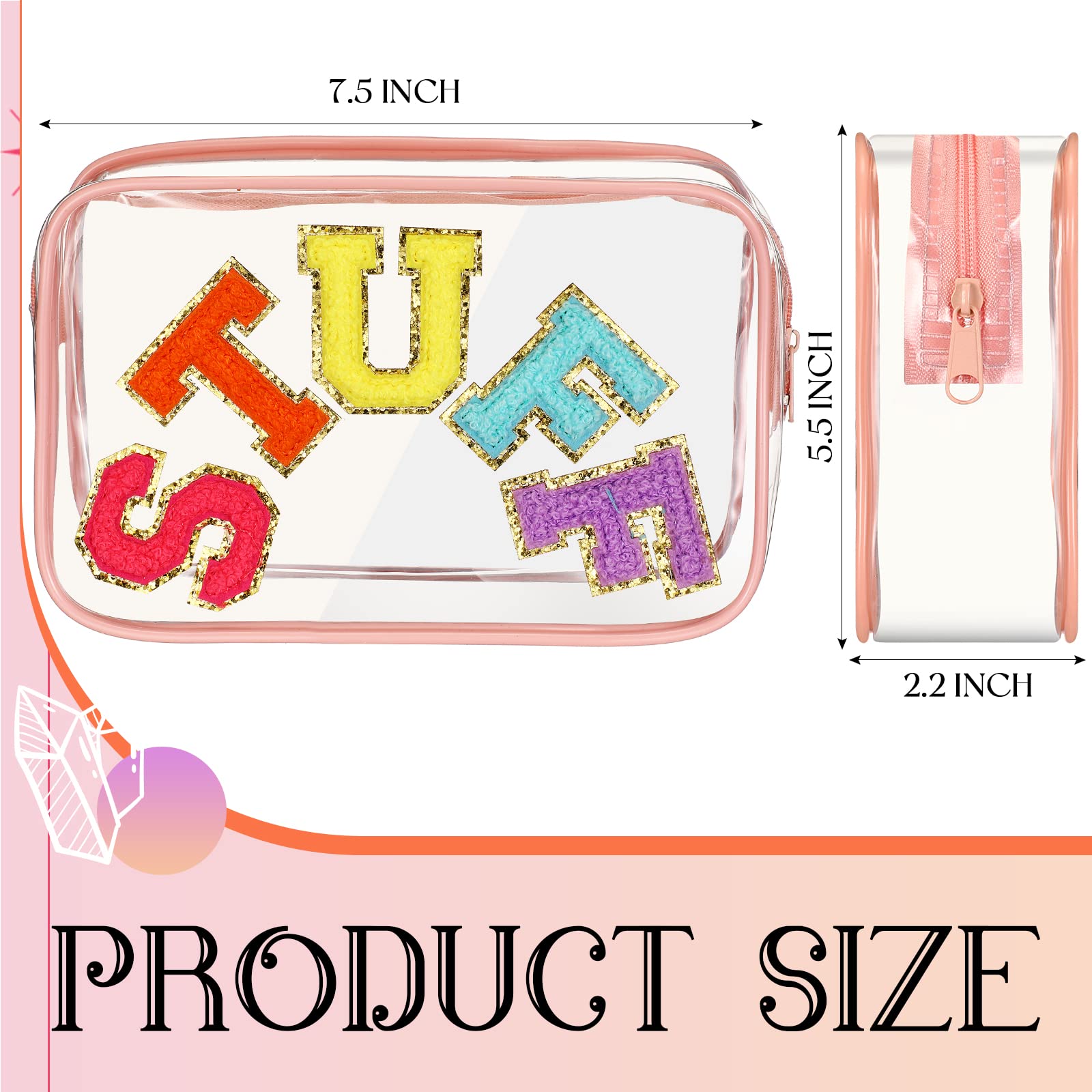 LEIFIDE Preppy Chenille Letter Clear Makeup Bags PVC Clear Zipper Pouches Portable Travel Pouch Transparent Cosmetic Bags Multi Purpose Stuff Bag Vanity Case Clear Coin Purse Waterproof for Women