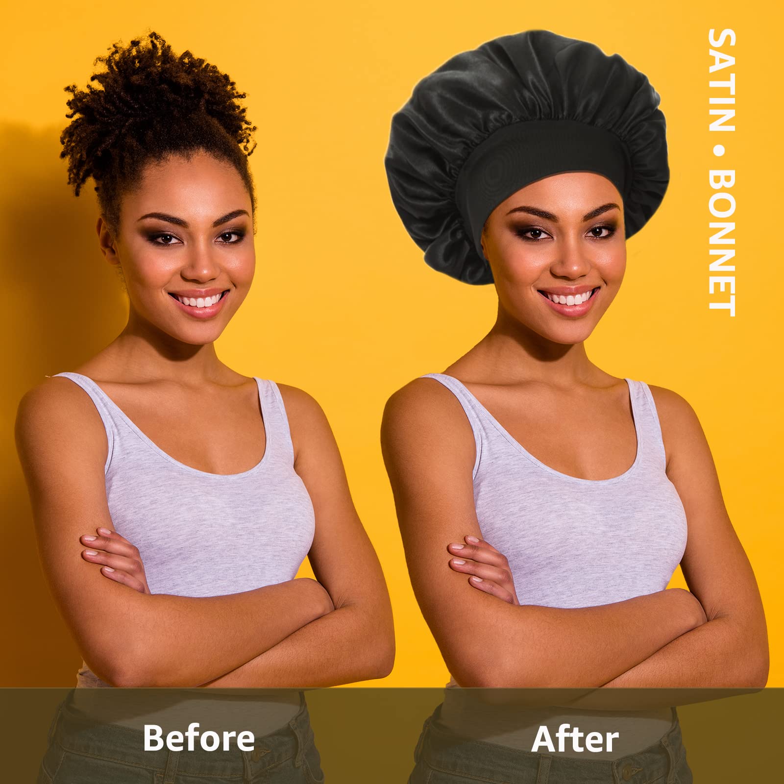 Satin Bonnet Silk Bonnet Hair Bonnet for Sleeping- 4 Pack Bonnets for Black Women with Wide Elastic Band for Curly Hair