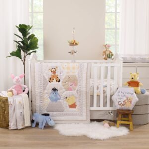 disney winnie the pooh hugs and honeycombs grey, white, and tan patchwork with piglet, tigger and eeyore 3 piece crib bedding set - comforter, 100% cotton fitted crib sheet, and crib skirt