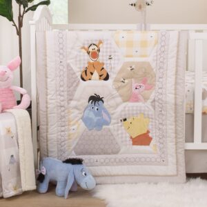 Disney Winnie The Pooh Hugs and Honeycombs Grey, White, and Tan Patchwork with Piglet, Tigger and Eeyore 3 Piece Crib Bedding Set - Comforter, 100% Cotton Fitted Crib Sheet, and Crib Skirt