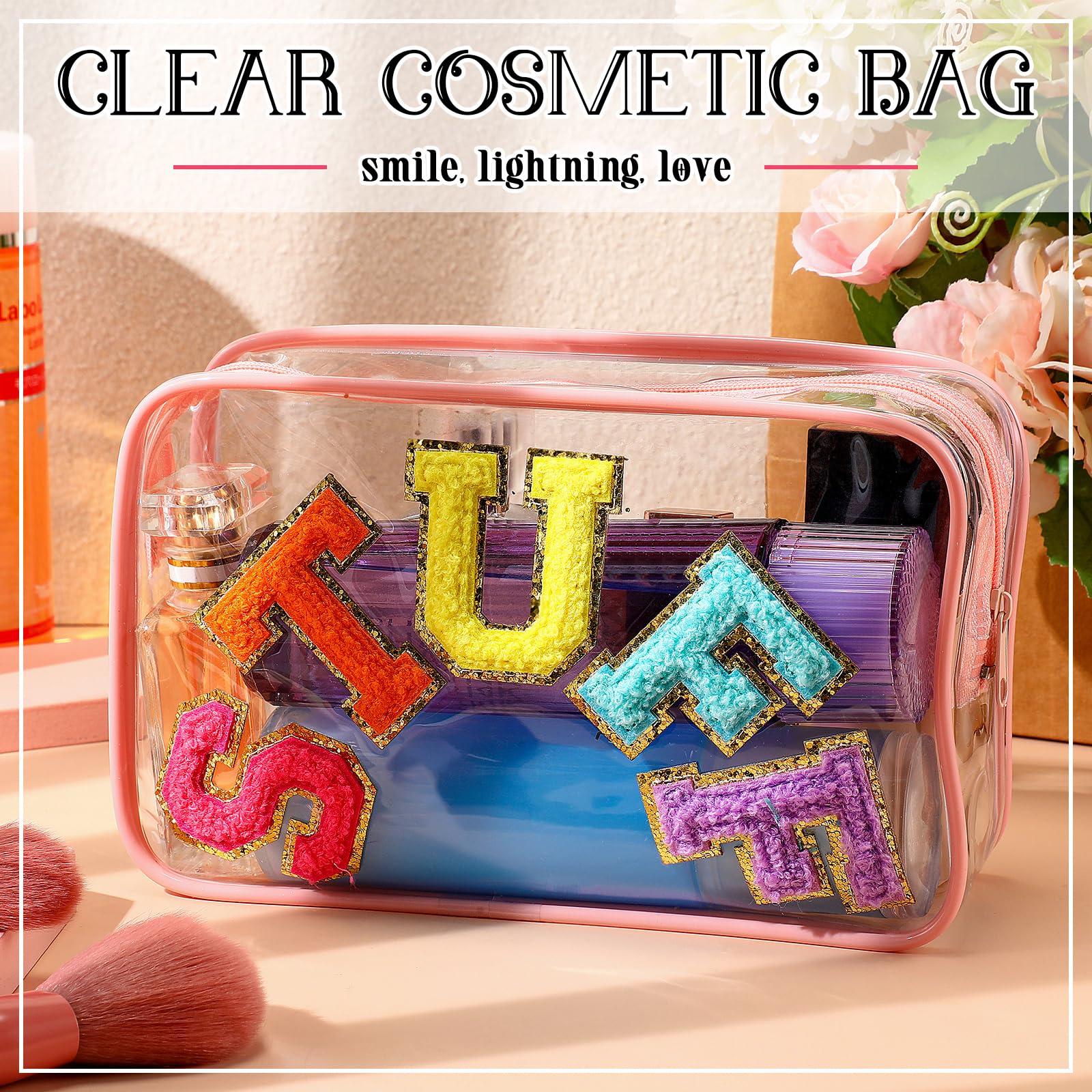 LEIFIDE Preppy Chenille Letter Clear Makeup Bags PVC Clear Zipper Pouches Portable Travel Pouch Transparent Cosmetic Bags Multi Purpose Stuff Bag Vanity Case Clear Coin Purse Waterproof for Women