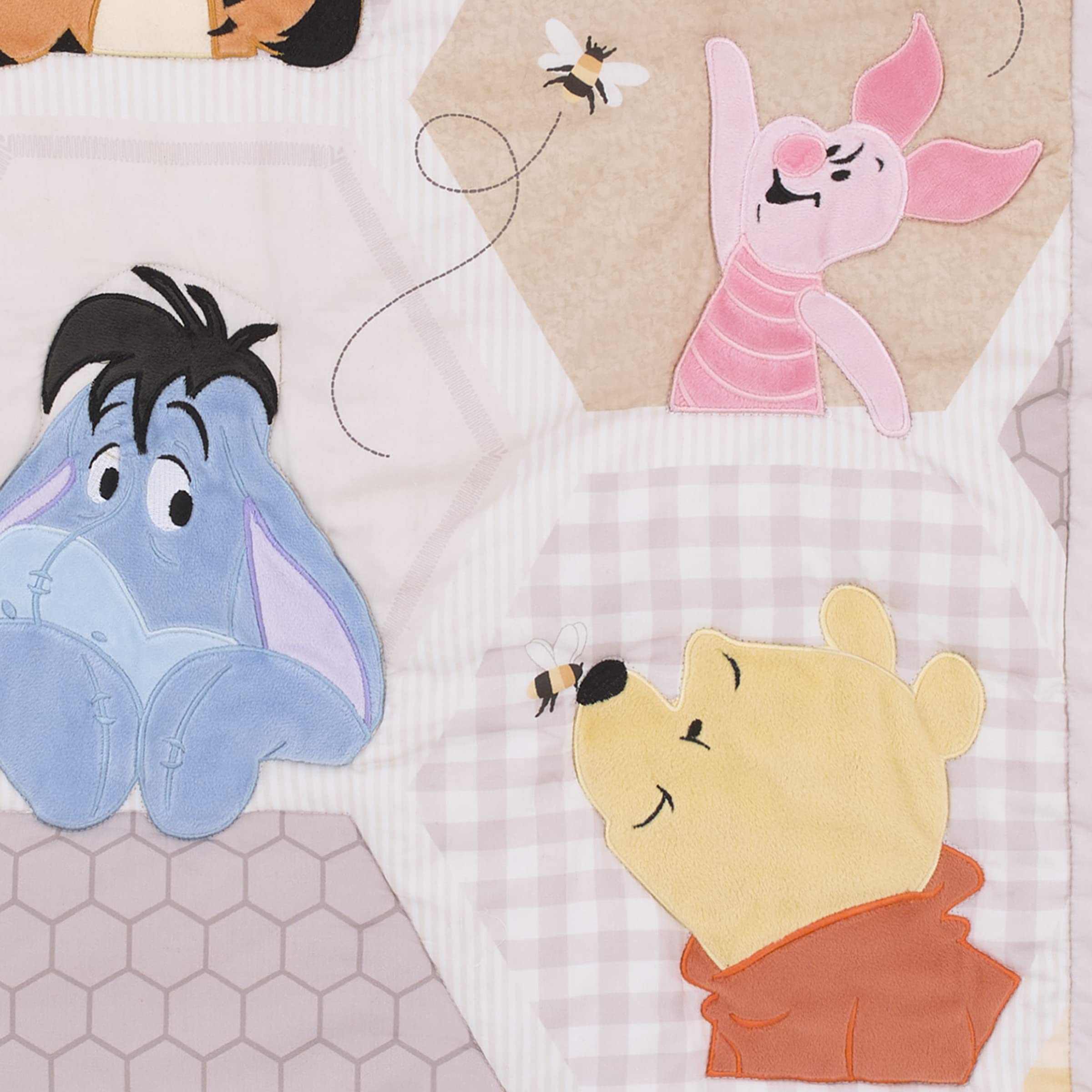 Disney Winnie The Pooh Hugs and Honeycombs Grey, White, and Tan Patchwork with Piglet, Tigger and Eeyore 3 Piece Crib Bedding Set - Comforter, 100% Cotton Fitted Crib Sheet, and Crib Skirt