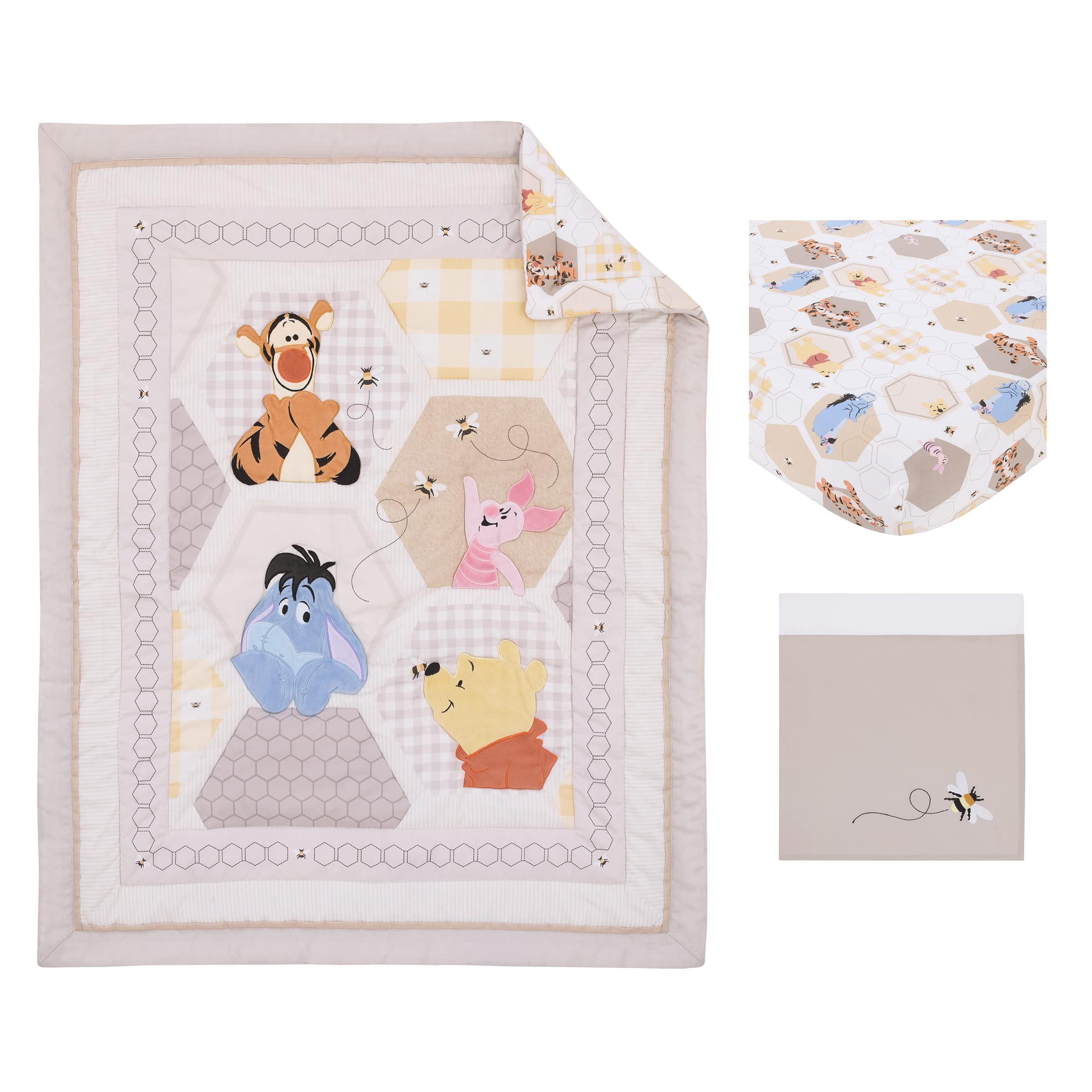 Disney Winnie The Pooh Hugs and Honeycombs Grey, White, and Tan Patchwork with Piglet, Tigger and Eeyore 3 Piece Crib Bedding Set - Comforter, 100% Cotton Fitted Crib Sheet, and Crib Skirt