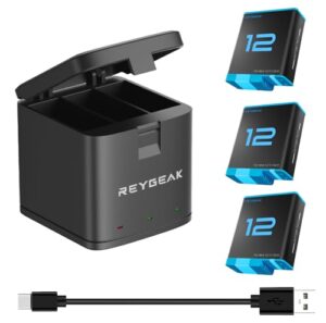 reygeak battery charger for gopro hero 12/11/10/9 black, portable charger 3-channel battery charging storage 3 pack rechargeable hero 12/11/10/9 batteries (charger + 3 x batteries)