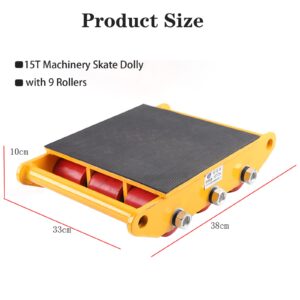 Machinery Mover, 15T Machinery Skate Dolly, 33000lbs Machinery Moving Skate, with 360° Rotation Cap and 9 Rollers, Heavy Duty Industrial Moving Equipment, Yellow, 1pc