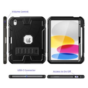 SIBEITU iPad 10th Generation Case 10.9 Inch 2022 with Pen Holder, Rugged Shockproof iPad 10 Case for Kids with Kickstand, Heavy Duty Protective Cover for iPad 10th Gen A2696/A277 | Black