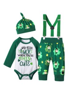 queenstyle st patricks day baby boy outfitt 3-6 months my first st patricks day baby boy outfit romper suspender pants print hat 3pcs set