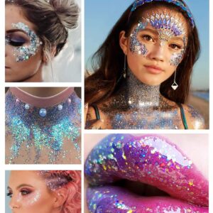 Face Glitter Gel, 3 Jars Holographic Chunky Glitter Makeup for Body, Hair, Face, Nail, Eyeshadow, Long Lasting and Waterproof Mermaid Sequins Shimmer Liquid Glitter 50ml/Jar (Set B)