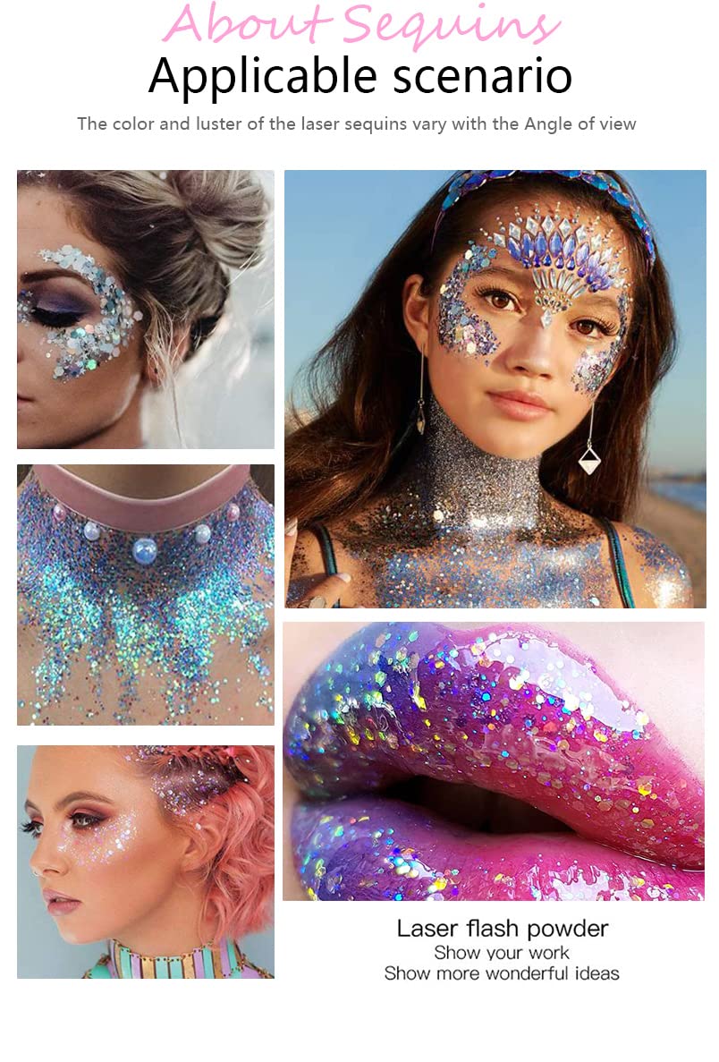 Face Glitter Gel, 3 Jars Holographic Chunky Glitter Makeup for Body, Hair, Face, Nail, Eyeshadow, Long Lasting and Waterproof Mermaid Sequins Shimmer Liquid Glitter 50ml/Jar (Set B)