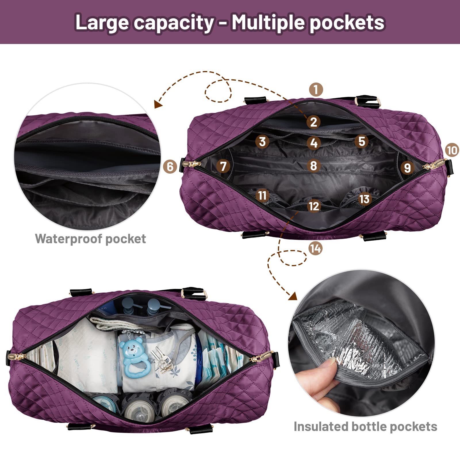 LOVEVOOK Diaper Bag Tote with Pacifier Case and Changing Pad, Large Capacity Mommy Bag for Hospital and Weekender Travel, Functional Baby Bag Newborn Baby Essential, Purple