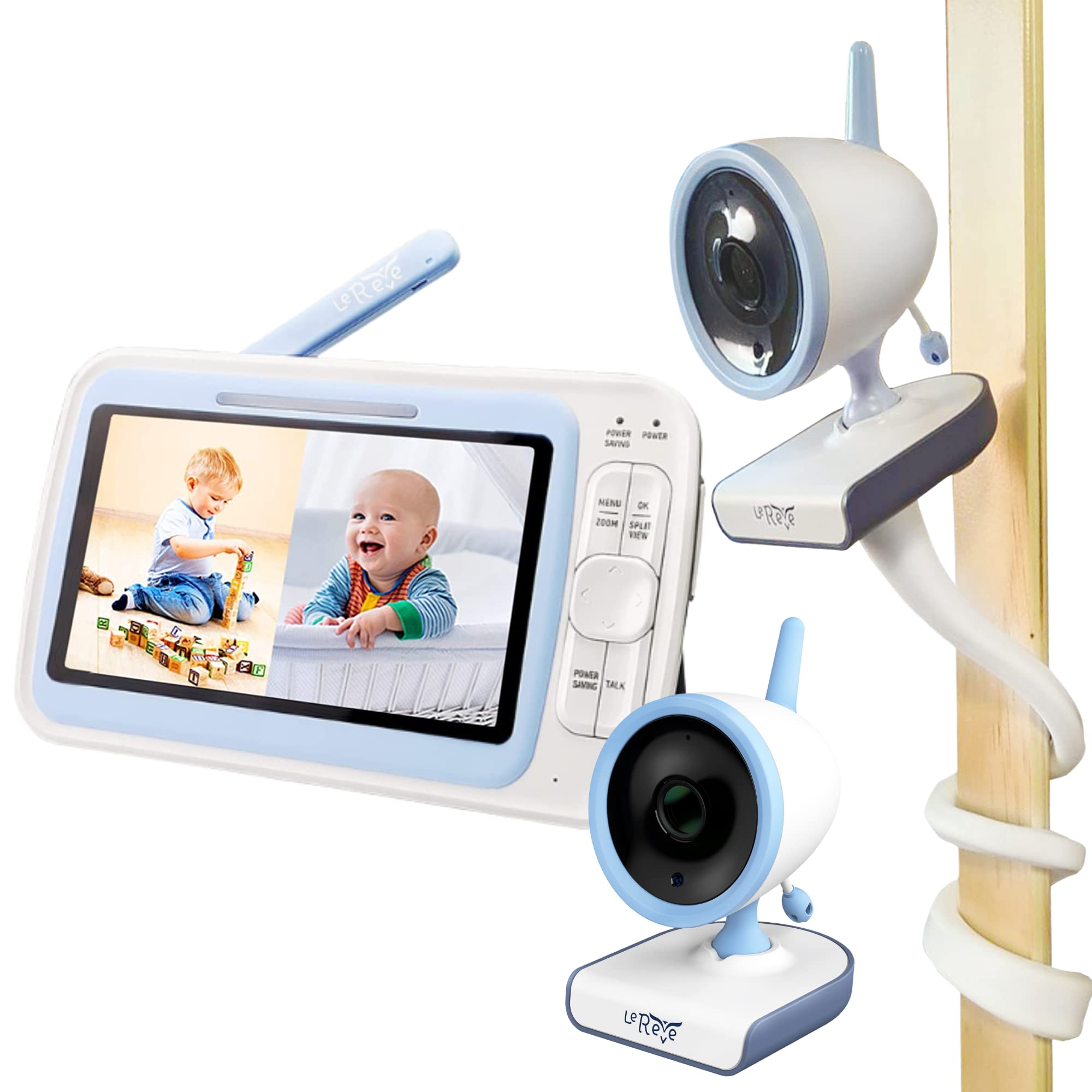 LeReve Low EMF 5" HD Baby Monitor with 2 Cameras, Auto Noise Reduction, Smart Baby Cry Detection, No WiFi, 20 Days Battery Life, 2-Way Talk, Lull + LeReve Twist Mount for LeReve LRX-5 & 52