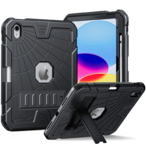 sibeitu ipad 10th generation case 10.9 inch 2022 with pen holder, rugged shockproof ipad 10 case for kids with kickstand, heavy duty protective cover for ipad 10th gen a2696/a277 | black