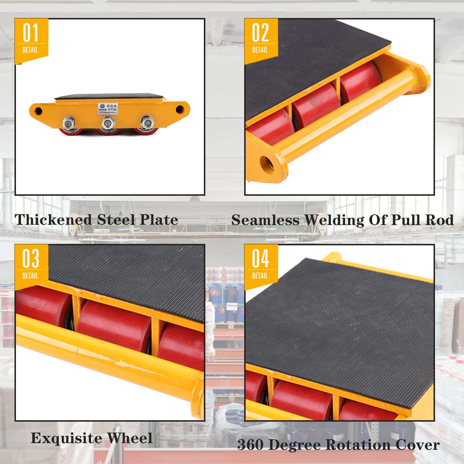 Machinery Mover, 15T Machinery Skate Dolly, 33000lbs Machinery Moving Skate, with 360° Rotation Cap and 9 Rollers, Heavy Duty Industrial Moving Equipment, Yellow, 1pc