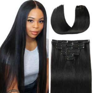 clip in hair extensions real human hair for women 20inch 7pcs black hair extensions 70g 100% remy virgin human hair clip in extensions double weft clips straight soft hair no tangles