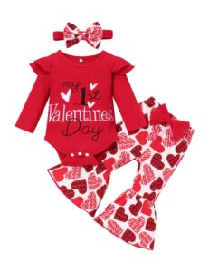 my first valentines day baby girl outfit newborn baby bodysuit + ruffle bell bottom pants + headband valentines clothes set