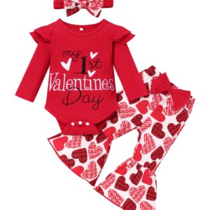 My First Valentines Day Baby Girl Outfit Newborn Baby Bodysuit + Ruffle Bell Bottom Pants + Headband Valentines Clothes Set