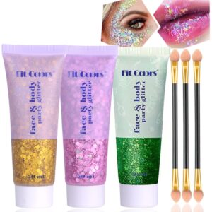 face glitter gel, 3 jars holographic chunky glitter makeup for body, hair, face, nail, eyeshadow, long lasting and waterproof mermaid sequins shimmer liquid glitter 50ml/jar (set b)