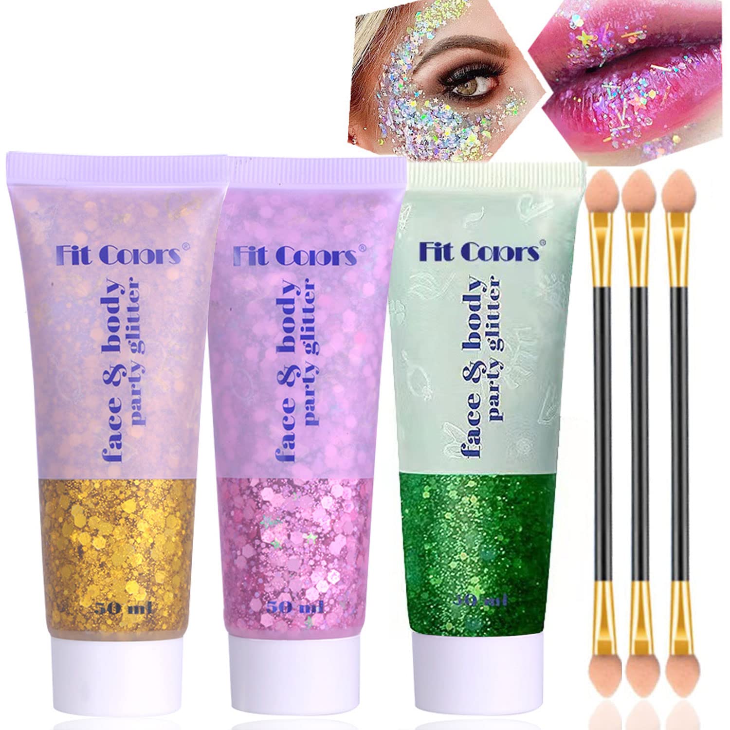 Face Glitter Gel, 3 Jars Holographic Chunky Glitter Makeup for Body, Hair, Face, Nail, Eyeshadow, Long Lasting and Waterproof Mermaid Sequins Shimmer Liquid Glitter 50ml/Jar (Set B)