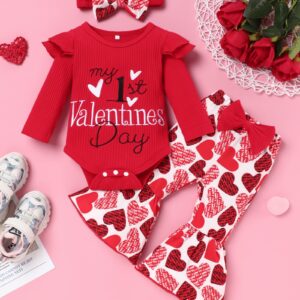 My First Valentines Day Baby Girl Outfit Newborn Baby Bodysuit + Ruffle Bell Bottom Pants + Headband Valentines Clothes Set