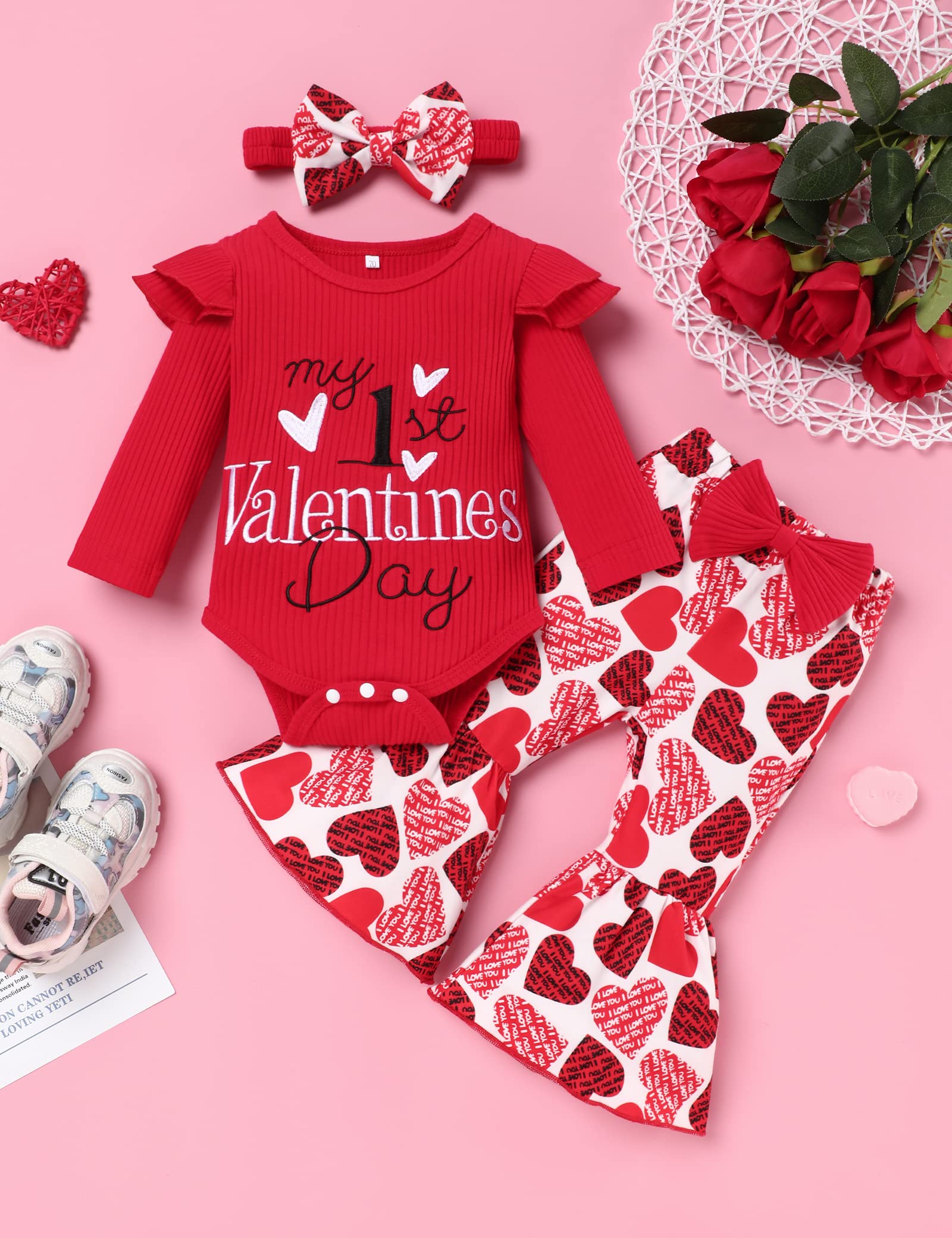 My First Valentines Day Baby Girl Outfit Newborn Baby Bodysuit + Ruffle Bell Bottom Pants + Headband Valentines Clothes Set