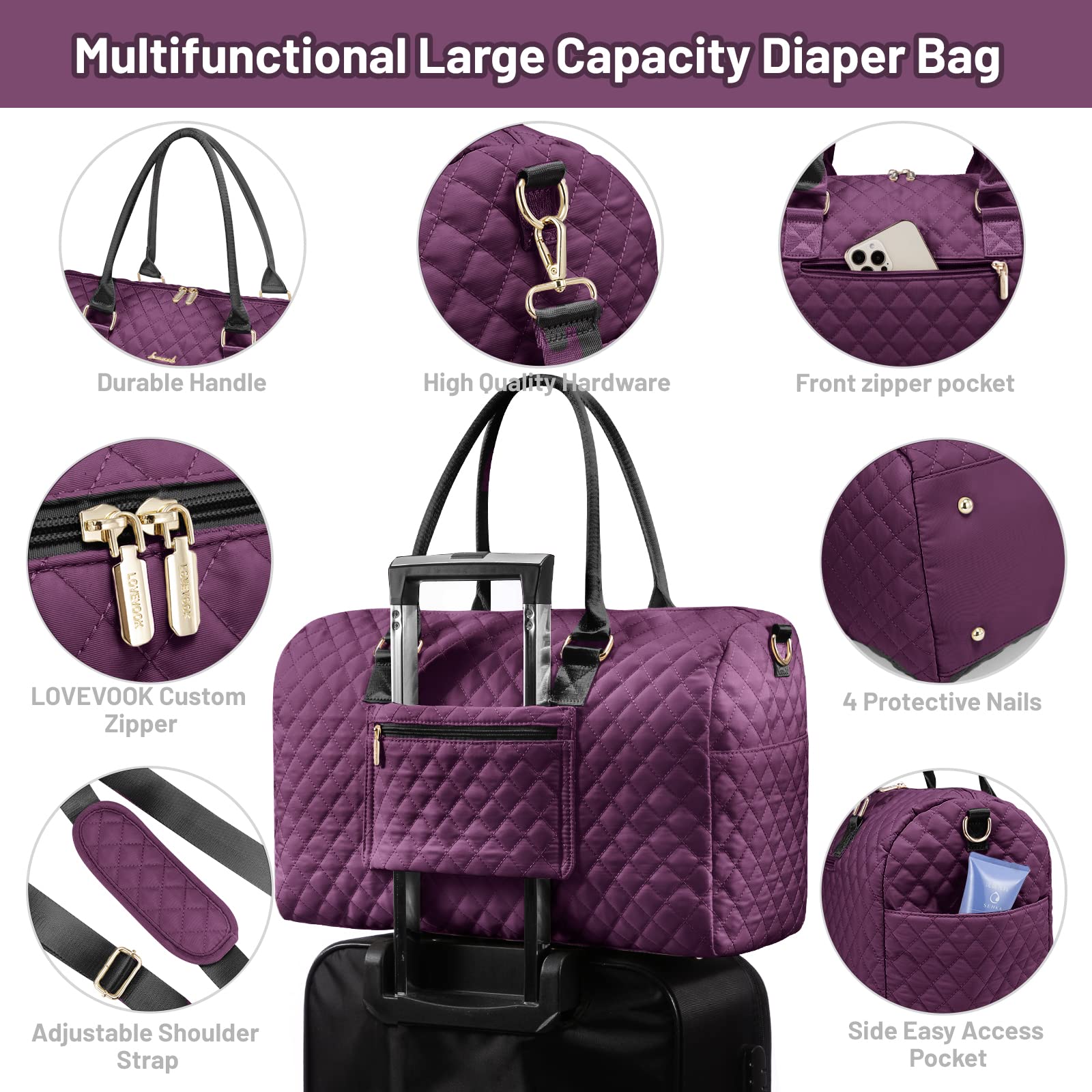 LOVEVOOK Diaper Bag Tote with Pacifier Case and Changing Pad, Large Capacity Mommy Bag for Hospital and Weekender Travel, Functional Baby Bag Newborn Baby Essential, Purple